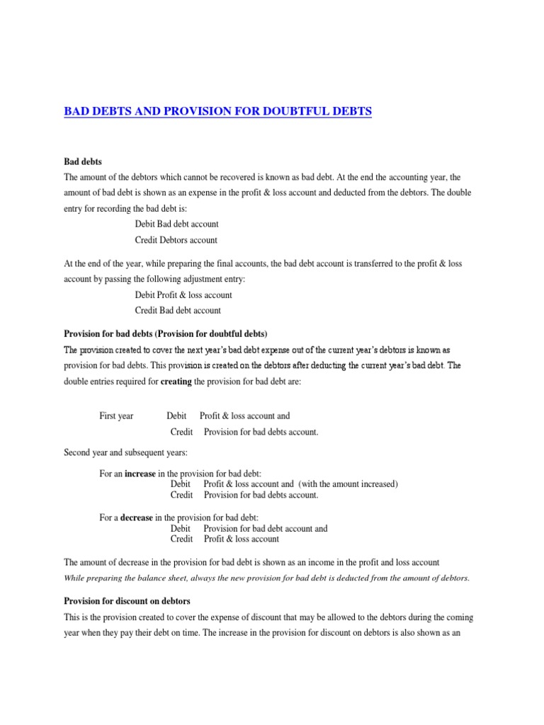 Journal Entries for Bad Debts Provision | PDF | Bad Debt | Debits And ...