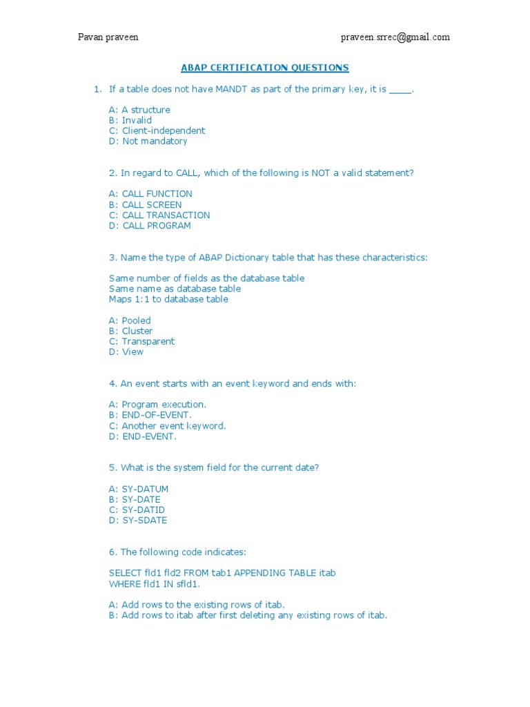 Abap Certification Questions Pdf C Programming Language Parameter Computer Programming