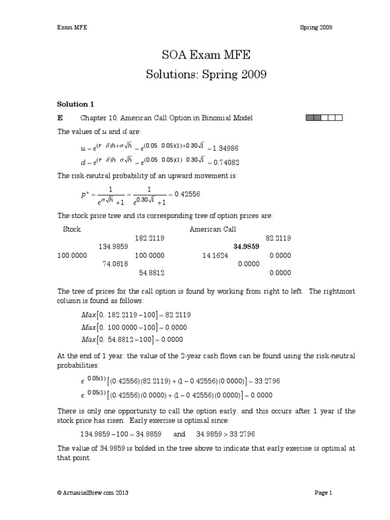Soa Exam Mfe Solutions: Spring 2009: Solution 1 E | PDF | Black–Scholes ...