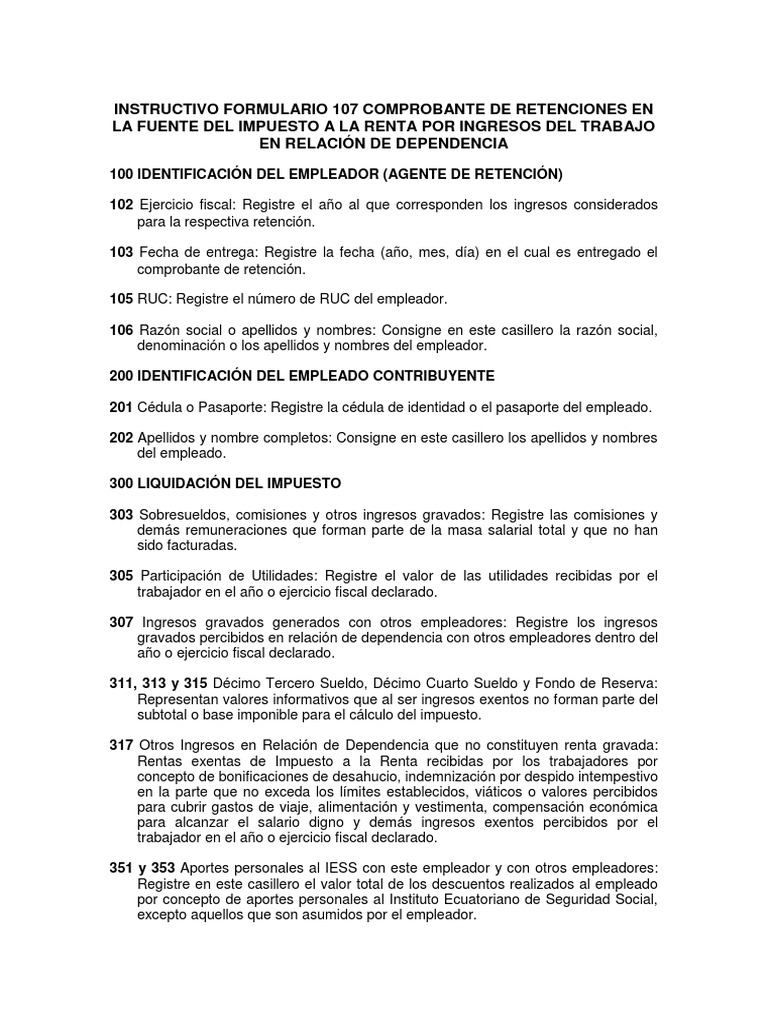 Instructivo Formulario 107 Comprobante de Retenciones en La Fuente Del ...