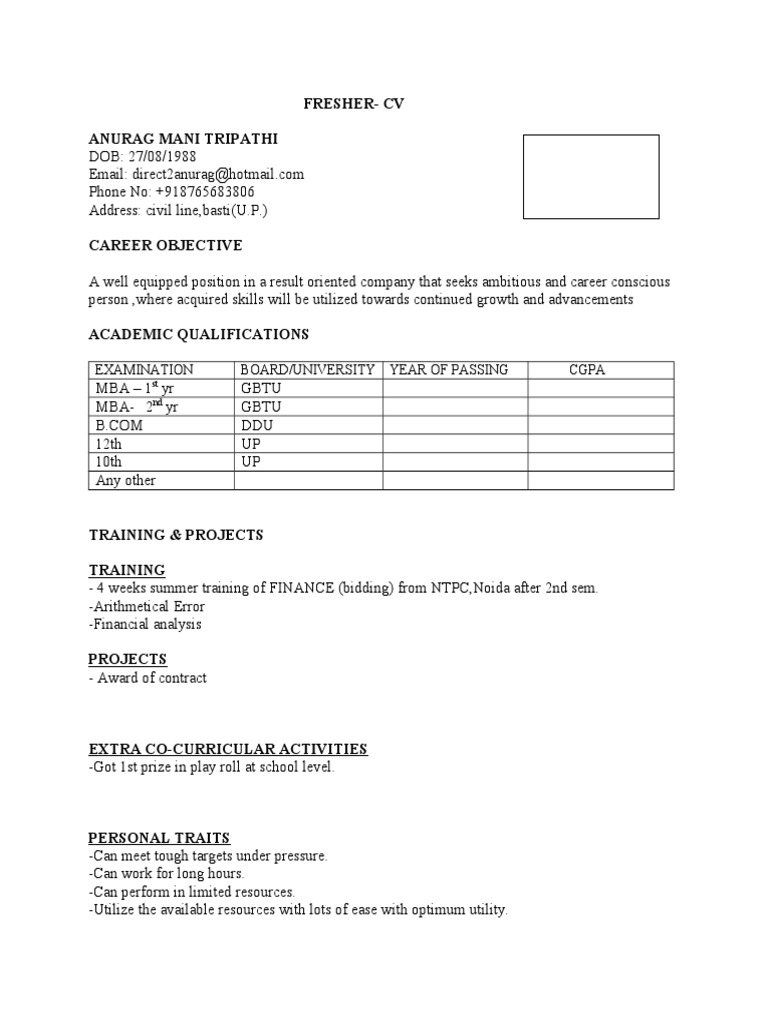 Fresher-Cv Anurag Mani Tripathi: Examination Board/University Year of ...