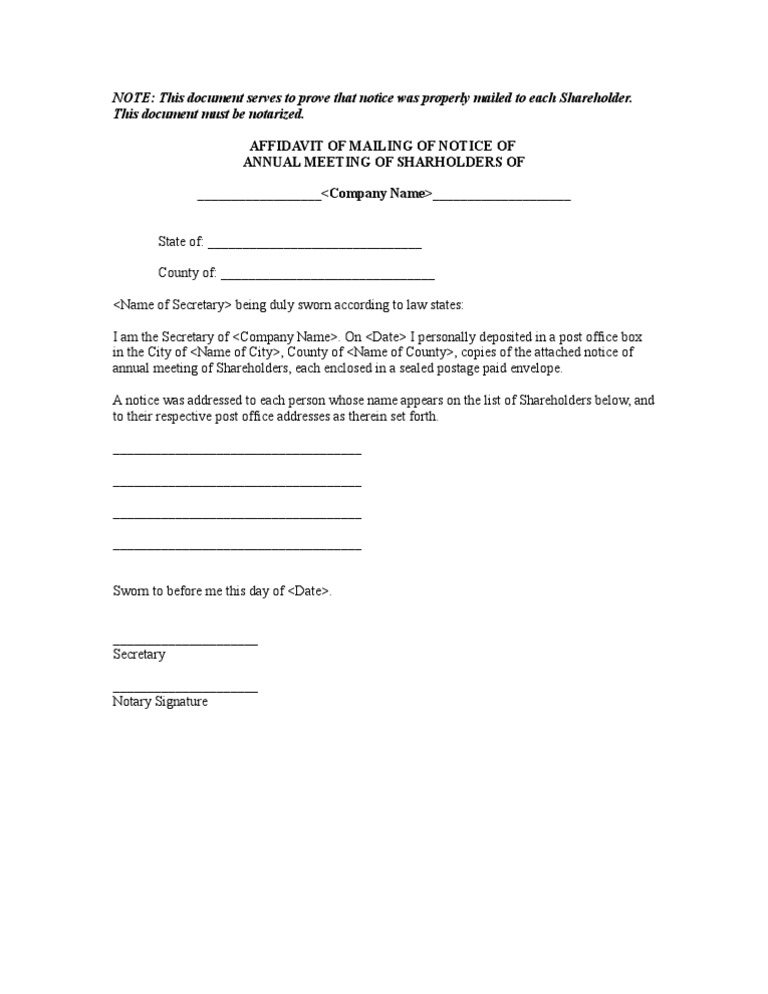 6-2 Affidavit of Mailing Notice - Shareholders Annual Meeting | PDF ...