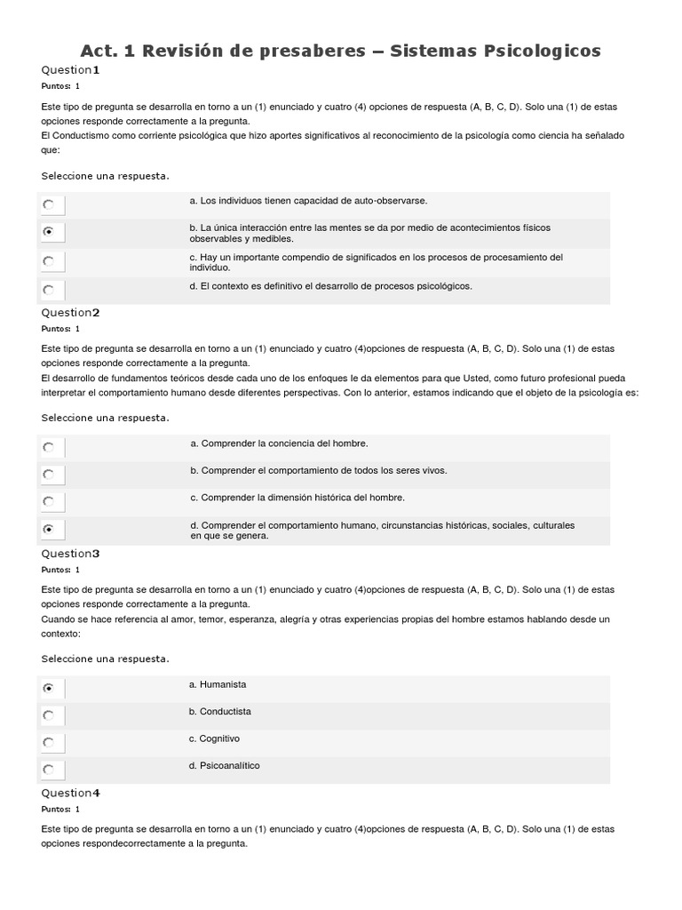 Act. 1 Revisión de Presaberes - Sistemas Psicologicos | PDF | Comportamiento | Sicología
