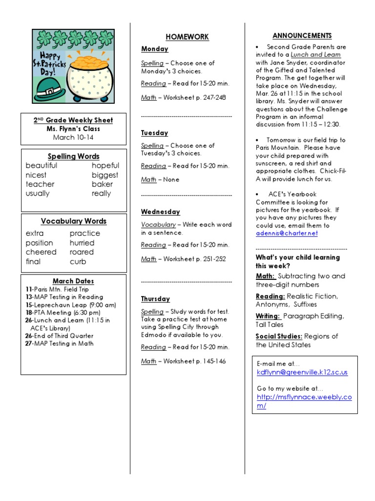 2nd Grade Weekly Homework Overview | PDF
