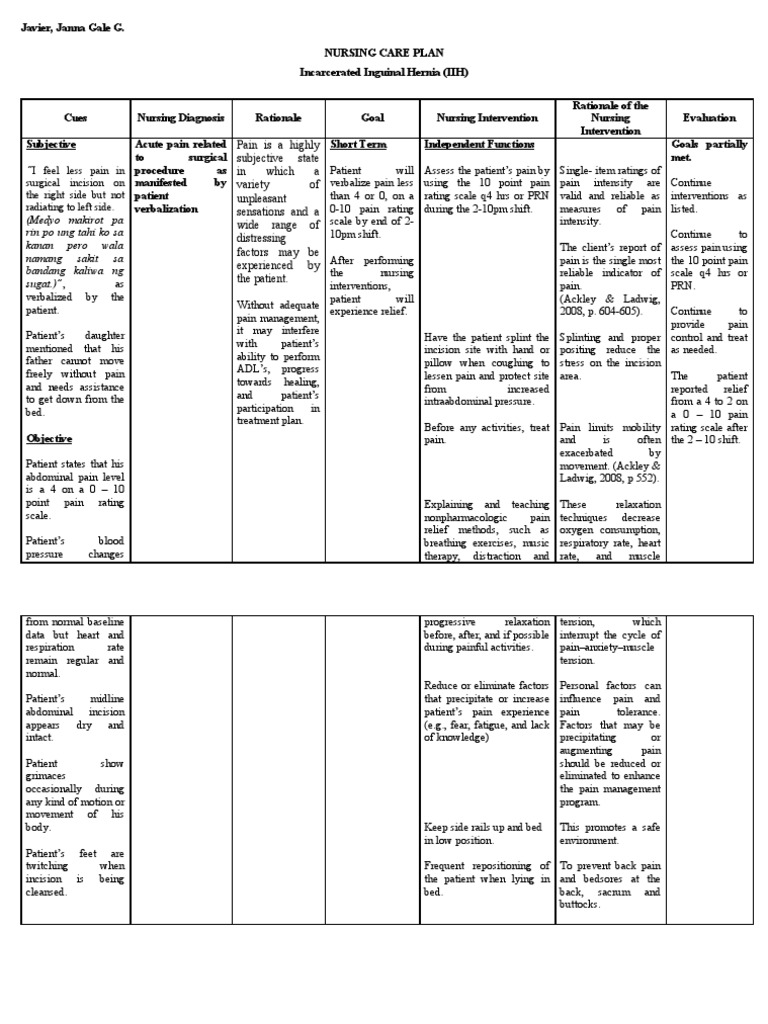 NCP Incarcerated Inguinal Hernia | PDF | Relaxation (Psychology) | Pain