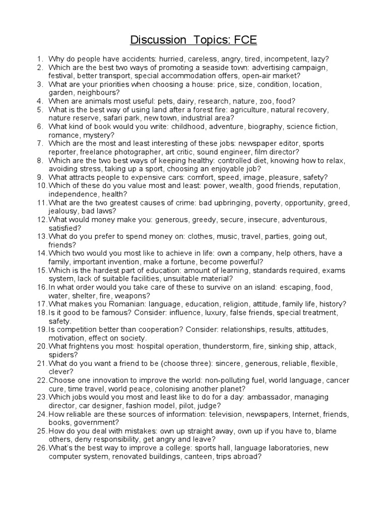 FCE Discussion Topics: Accidents, Promoting Towns, Choosing a House | PDF