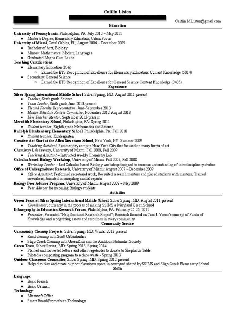 Caitlin Liston Resume | PDF | University Of Pennsylvania | Teachers