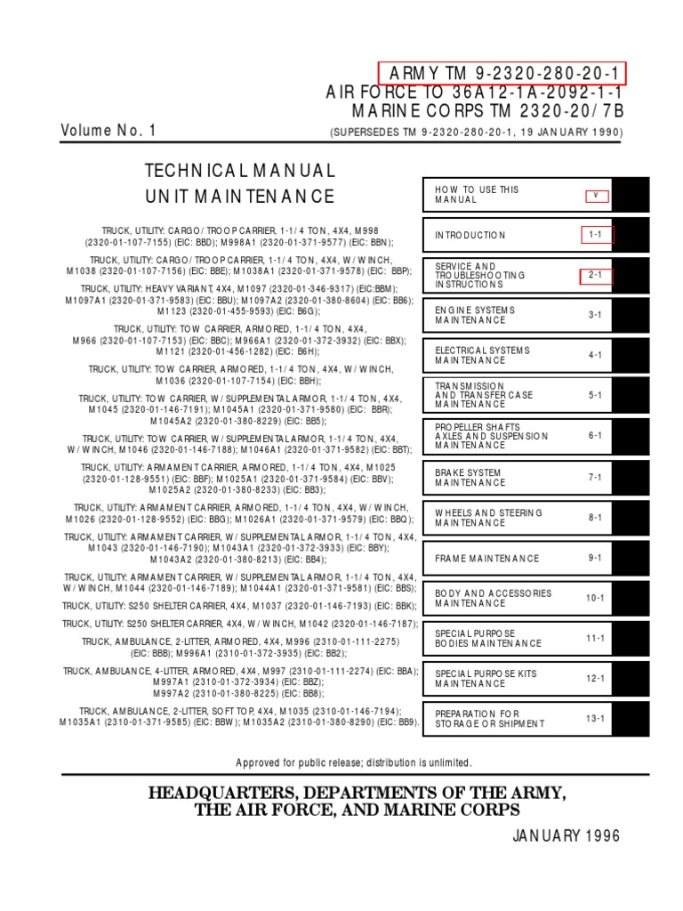TM-9-2320-280-20-1 HMMWV Unit Maintnance Vol 1 | PDF | Tire | Humvee