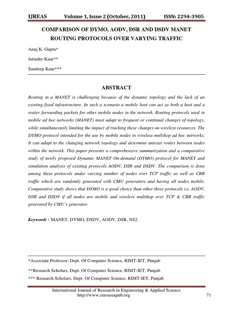Comparison of Dymo - Aodv - DSR and DSDV Manet Routing Protocols Over ...