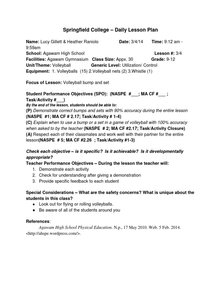 Lessonplan 3 Volleyballbumpandset | PDF | Volleyball | Sports