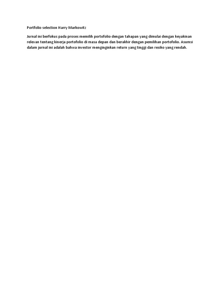 Portfolio Selection Harry Markowitz | PDF
