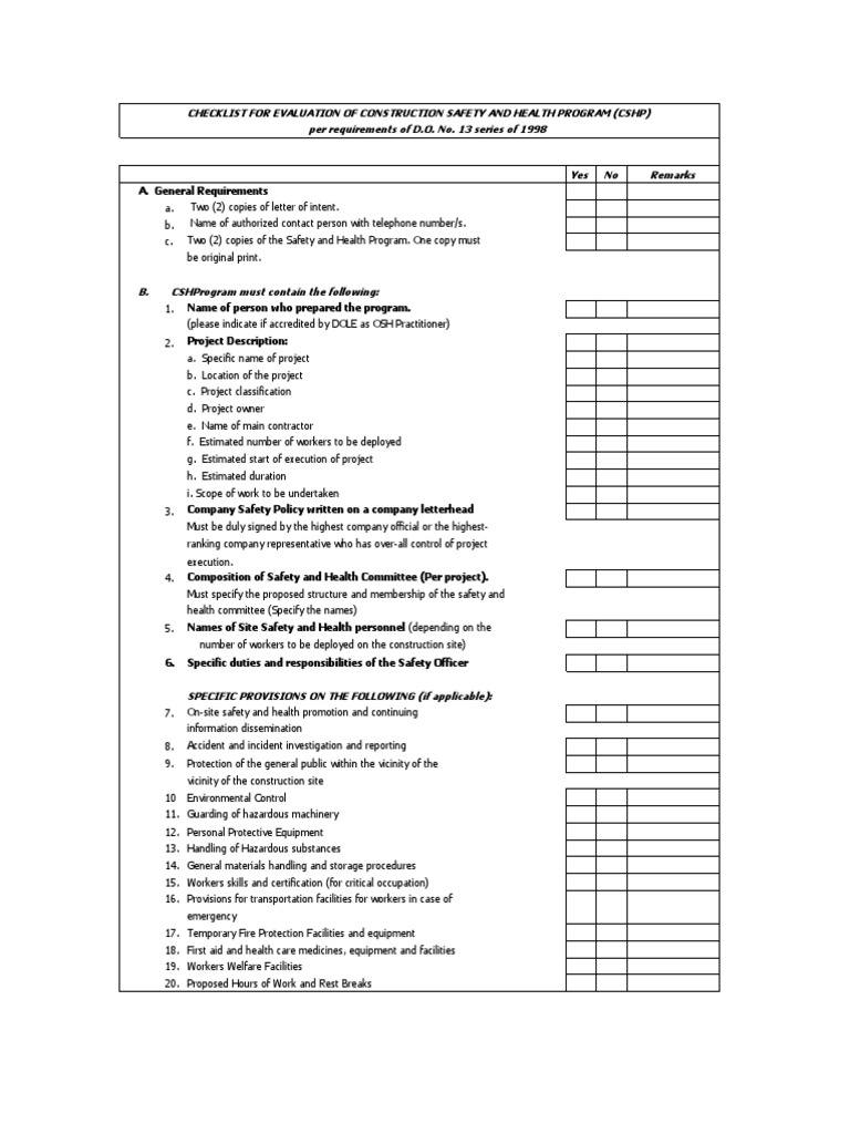 CSHP Checklist 2011 | PDF | Occupational Safety And Health | Dangerous ...
