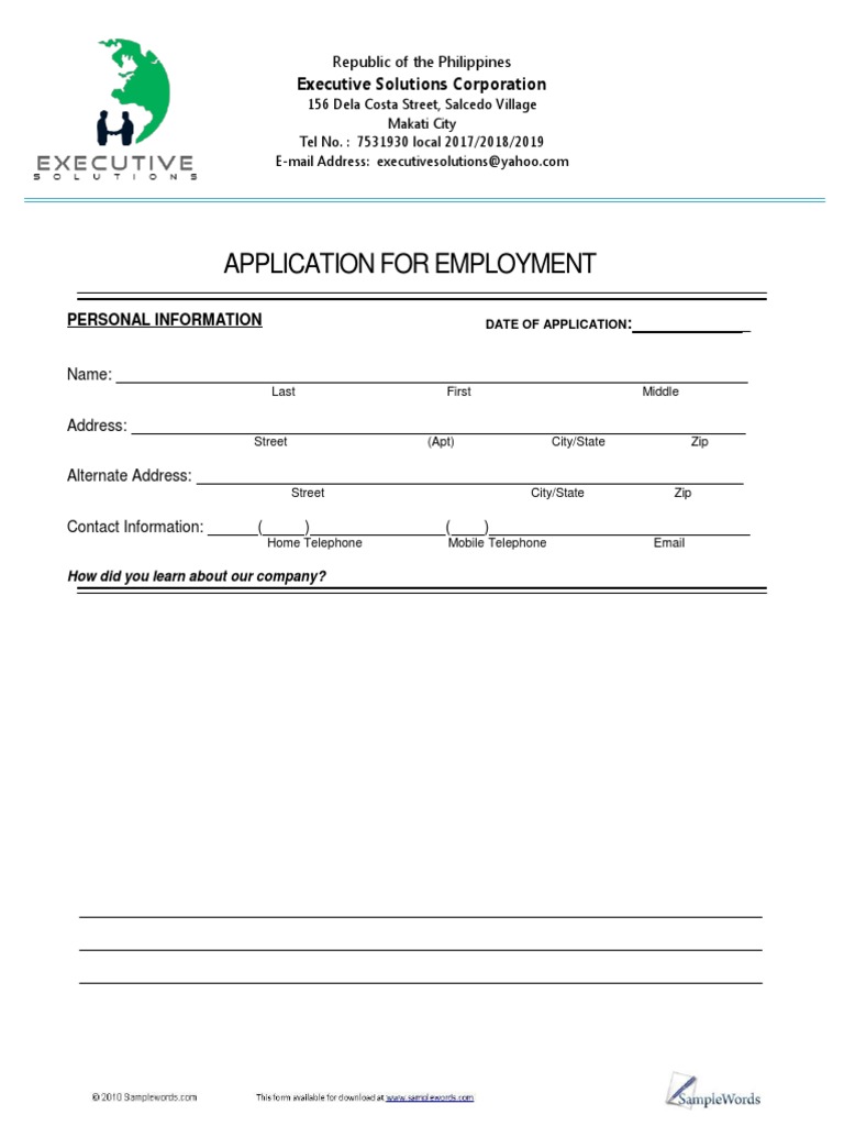 Application For Employment: Executive Solutions Corporation | PDF