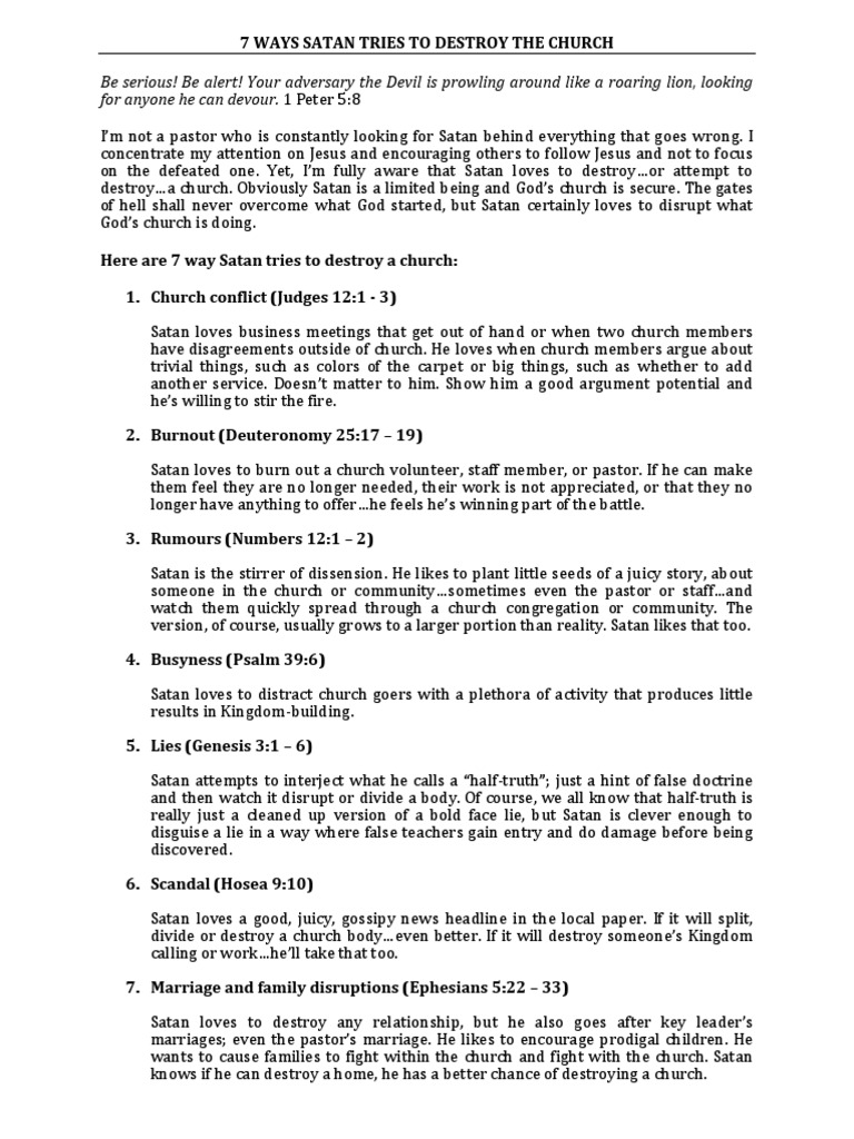 7 Ways Satan Tries To Destroy The Church of Jesus Christ | PDF | Satan ...