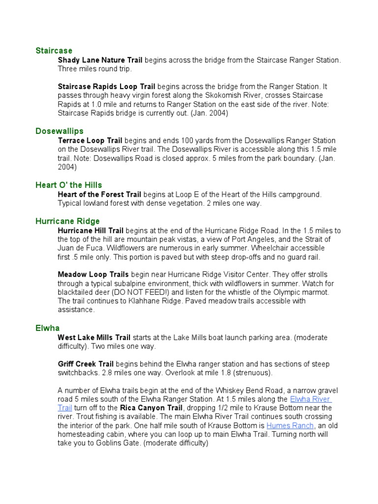 Olympics Hiking Trails | PDF | Trail | Physical Geography