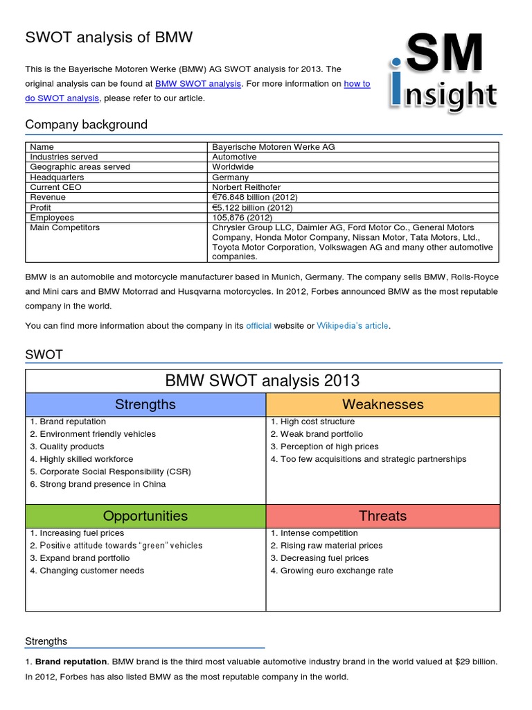 BMW Swot Analysis | PDF | Bmw | Emission Standard