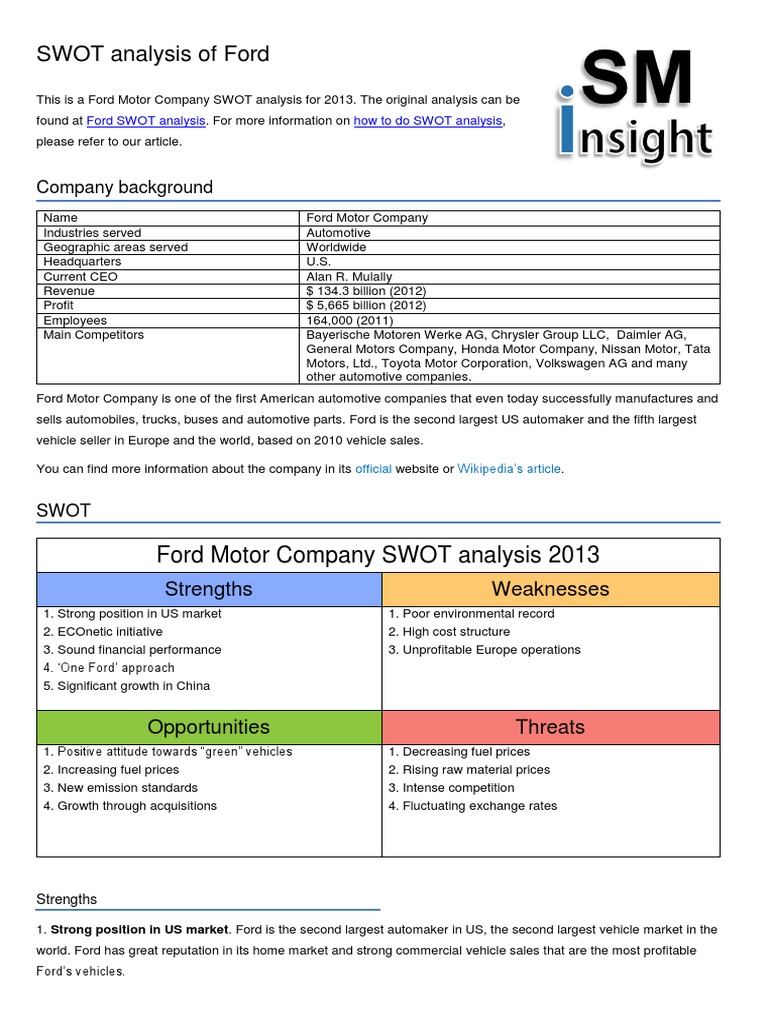 Ford Swot Analysis | PDF | Ford Motor Company | Car