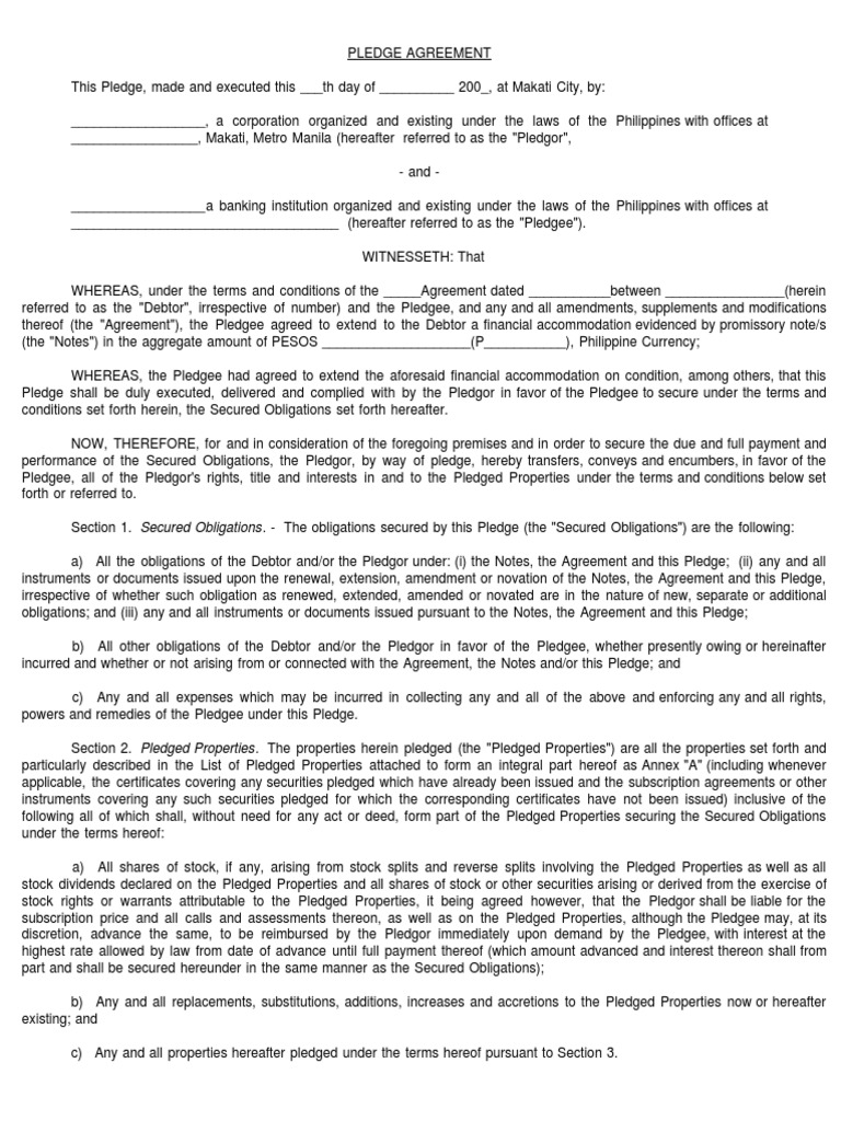 Pledge Agreement Sample | PDF | Promissory Note | Deed