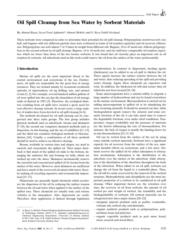 Oil Spill Cleanup From Sea Water by Sorbent Materials | PDF | Oil Spill ...