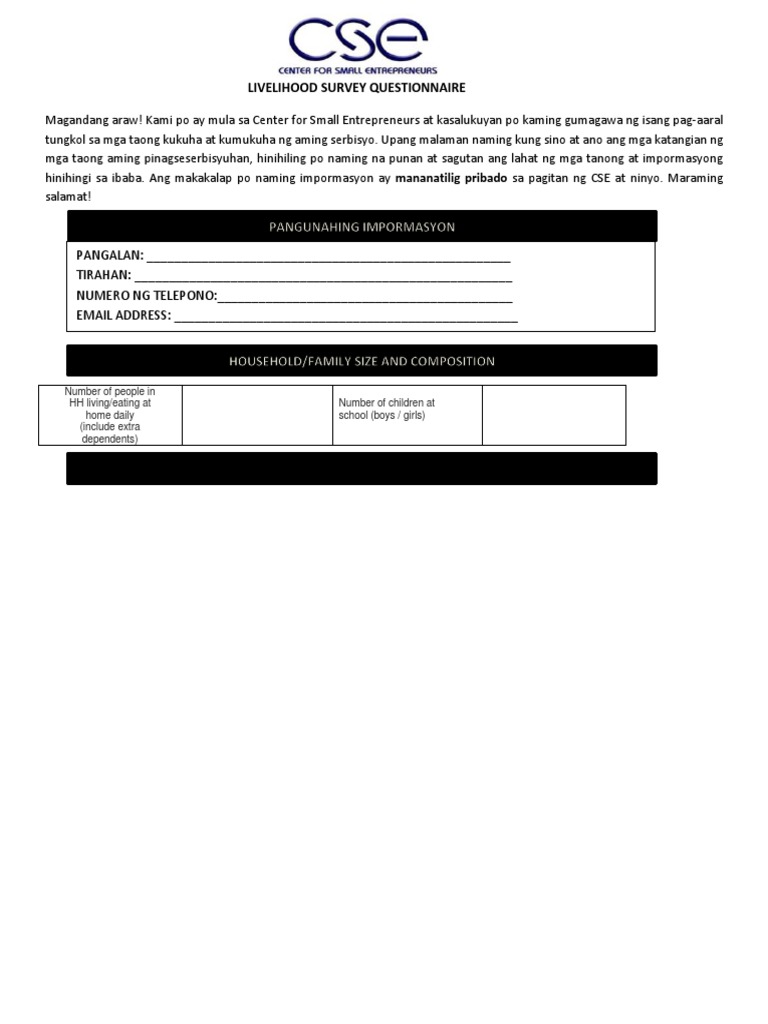 Livelihood Survey Questionnaire Template | PDF