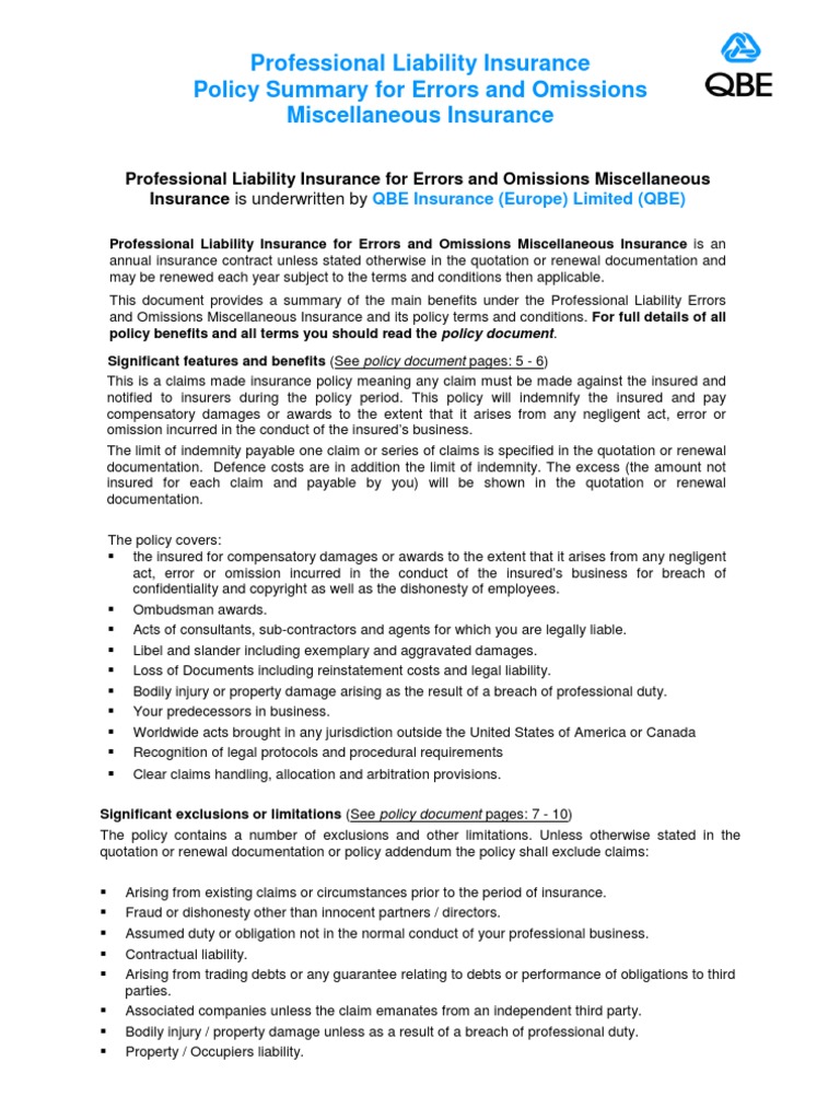 Professional Liability Insurance Policy Summary For Errors and ...