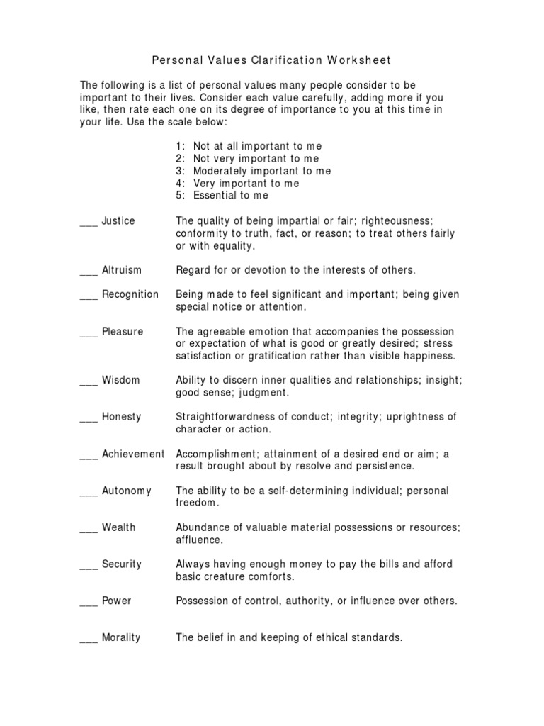 Values Clarification Worksheet Personal Values Clarification Worksheet