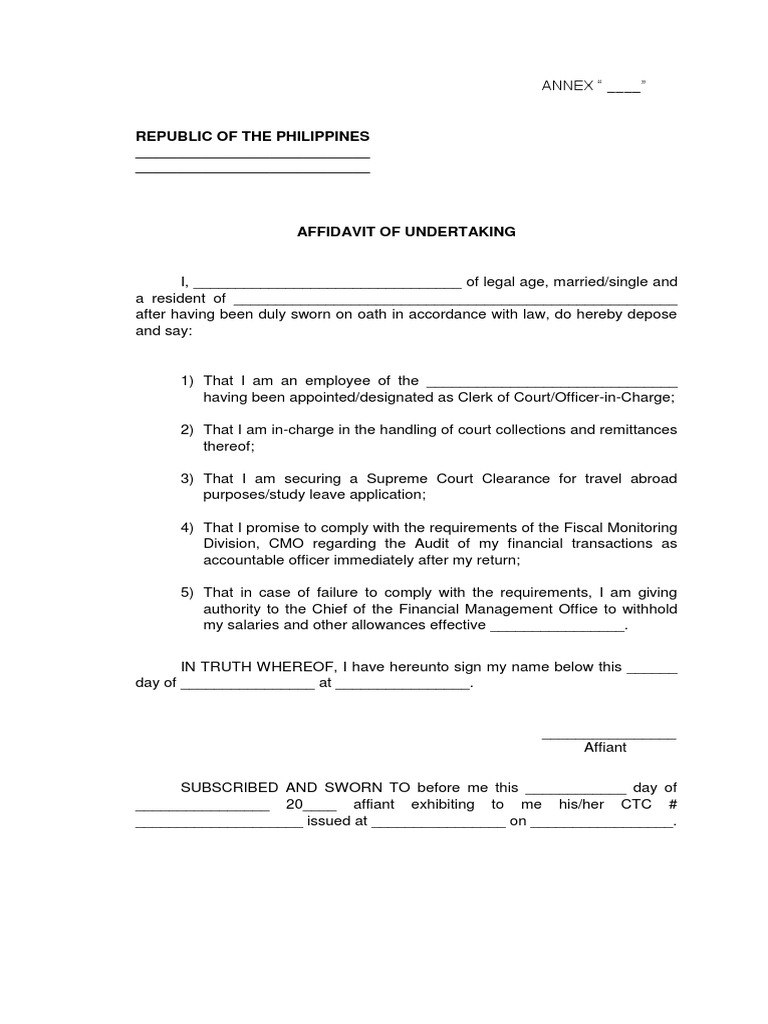 Affidavit of Undertaking Form | Affidavit | Common Law