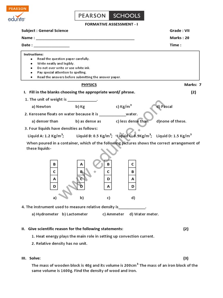 Cbse Class 7 Science Question Paper | PDF | Density | Physical Universe