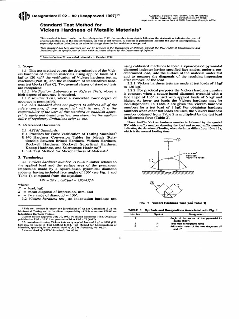 Astm E92 Vickers Hardness of Matallic Materials | PDF | Materials ...