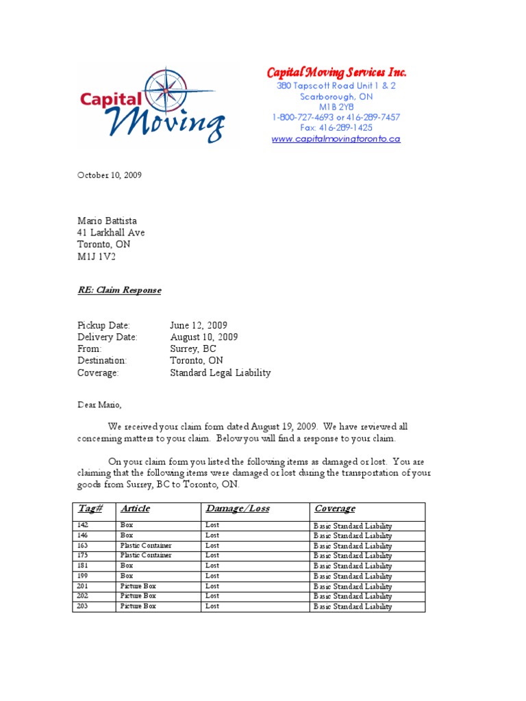 Claim Response for Lost/Damaged Items | PDF | Private Law | Government