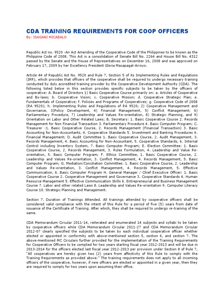 CDA Training Requirements For Coop Officers | PDF | Cooperative ...