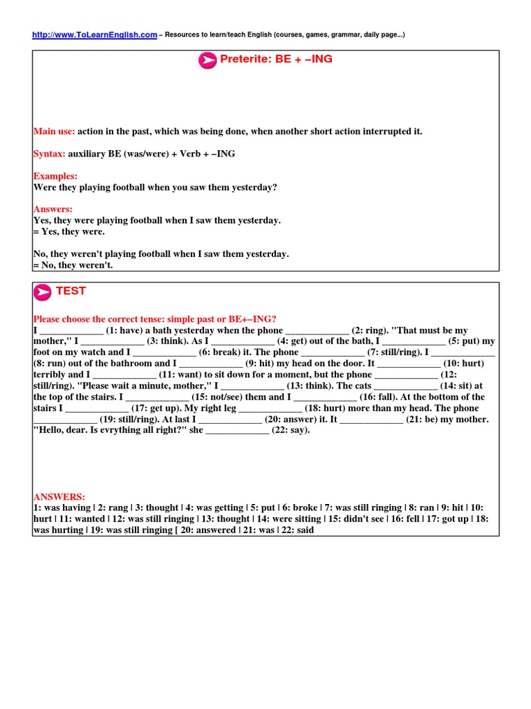 Preterite BE + -ING Grammar Guide | PDF