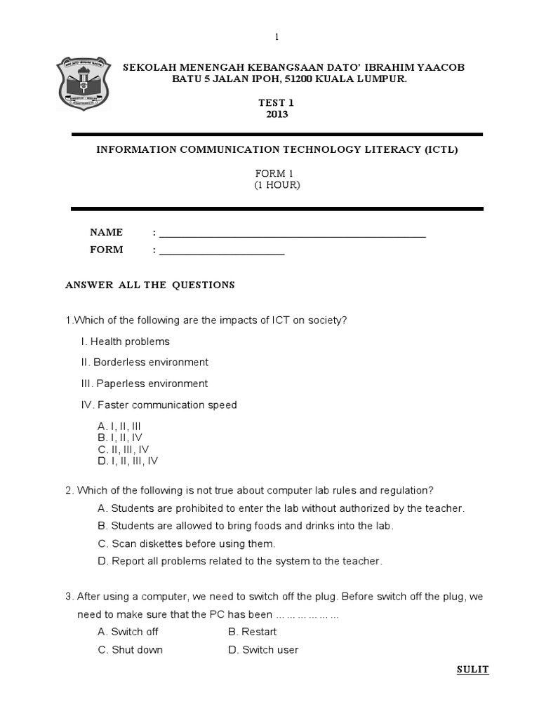 Ictl Form 1 Test 1 | PDF | Electronic Engineering | Computer Hardware