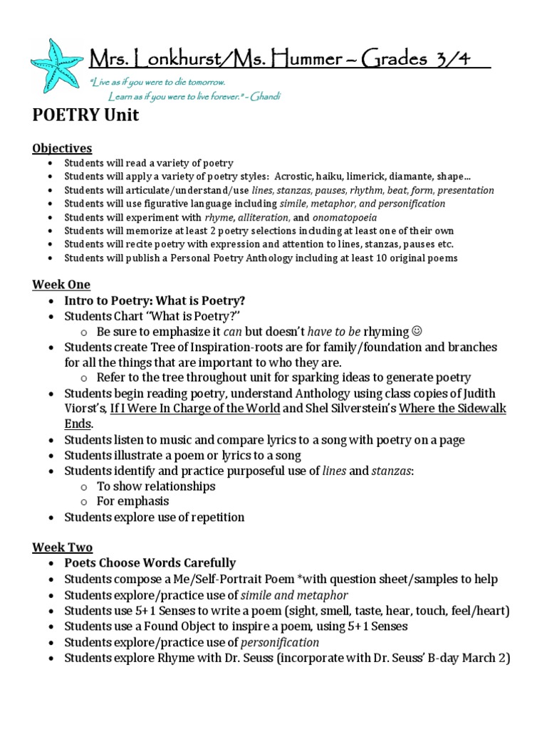Middle School Poetry Unit Overview | PDF | Poetry | Writing