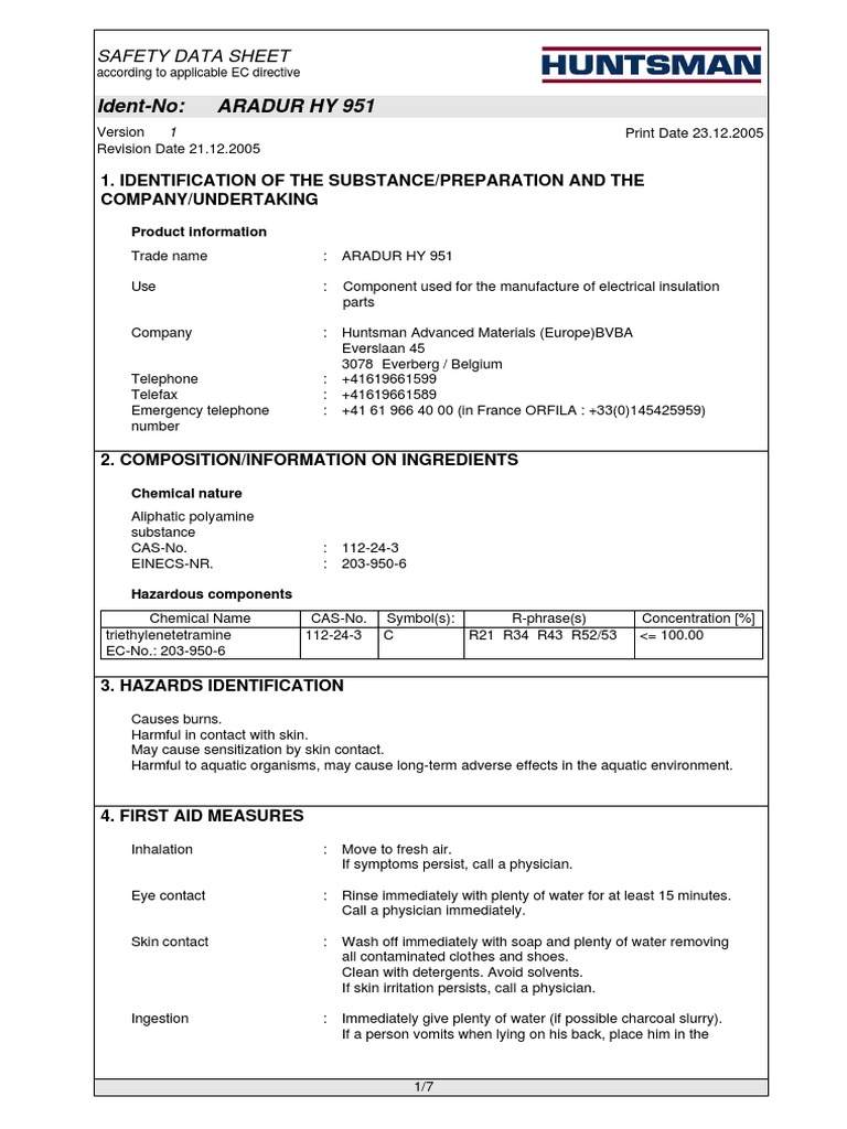 Ident-No: ARADUR HY 951: Safety Data Sheet | PDF | Toxicity | Carbon ...