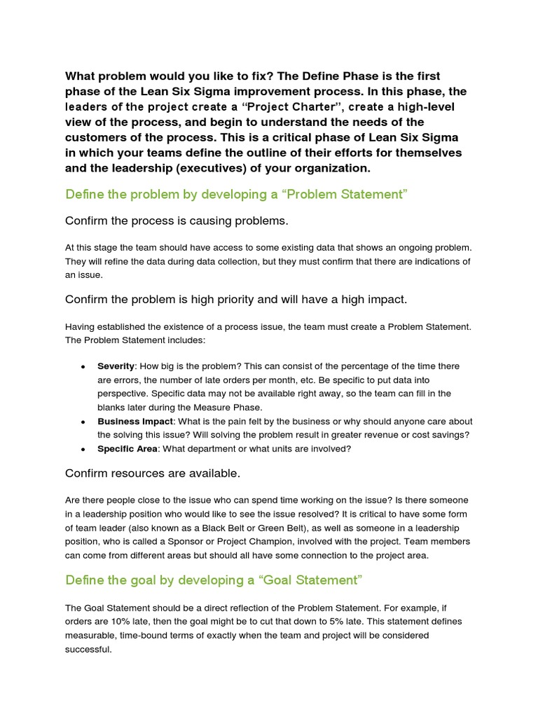 Define The Problem by Developing A "Problem Statement": Confirm The ...