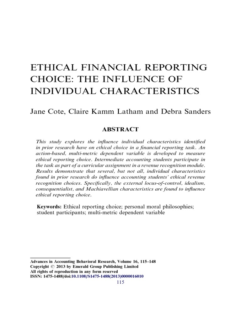 Ethical Financial Reporting Choice: The Influence of Individual ...