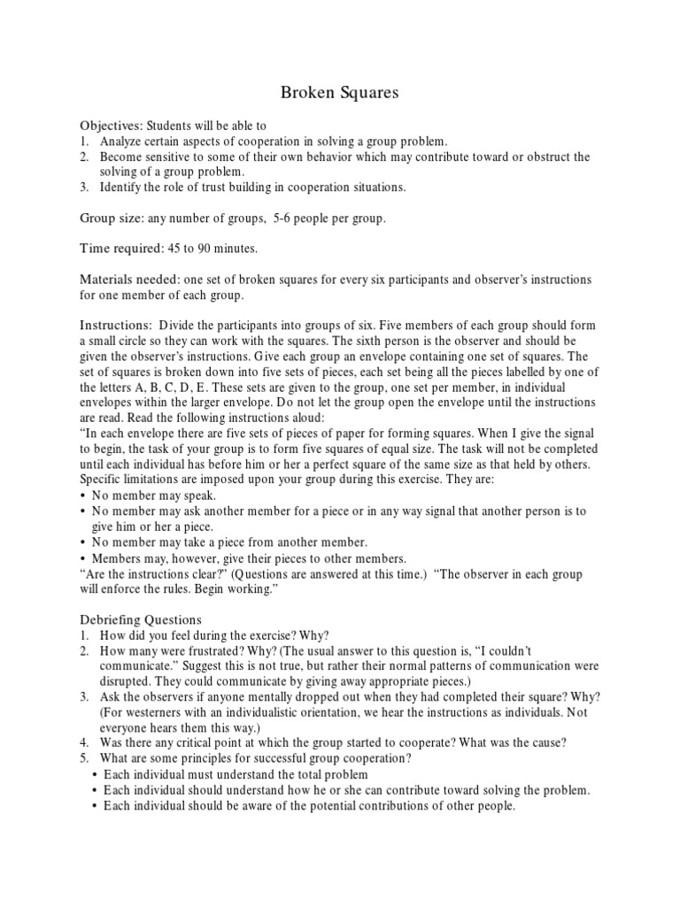 Broken Squares - Unfreezing Team Building Exercise | PDF | Behavior Modification | Applied ...
