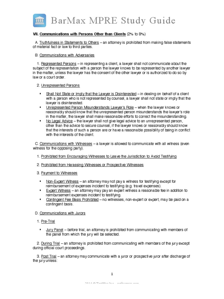 Barmax Mpre Study Guide: Vii. Communications With Persons Other Than ...