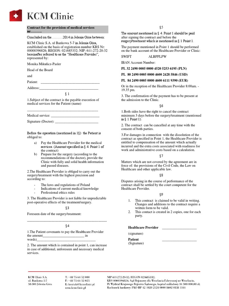 Medical Services Contract Template | PDF | Health Professional | Surgery