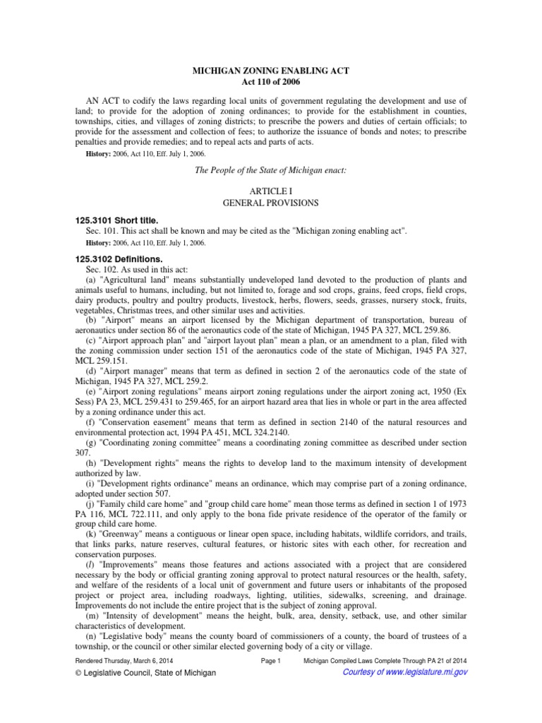 Michigan Zoning Enabling Act Overview | PDF | Constitutional Amendment ...
