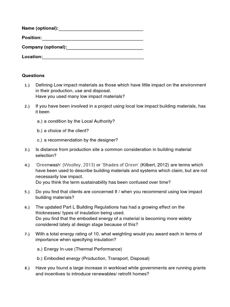 Questionnaire - Building Materials Selection | PDF | Building Materials ...