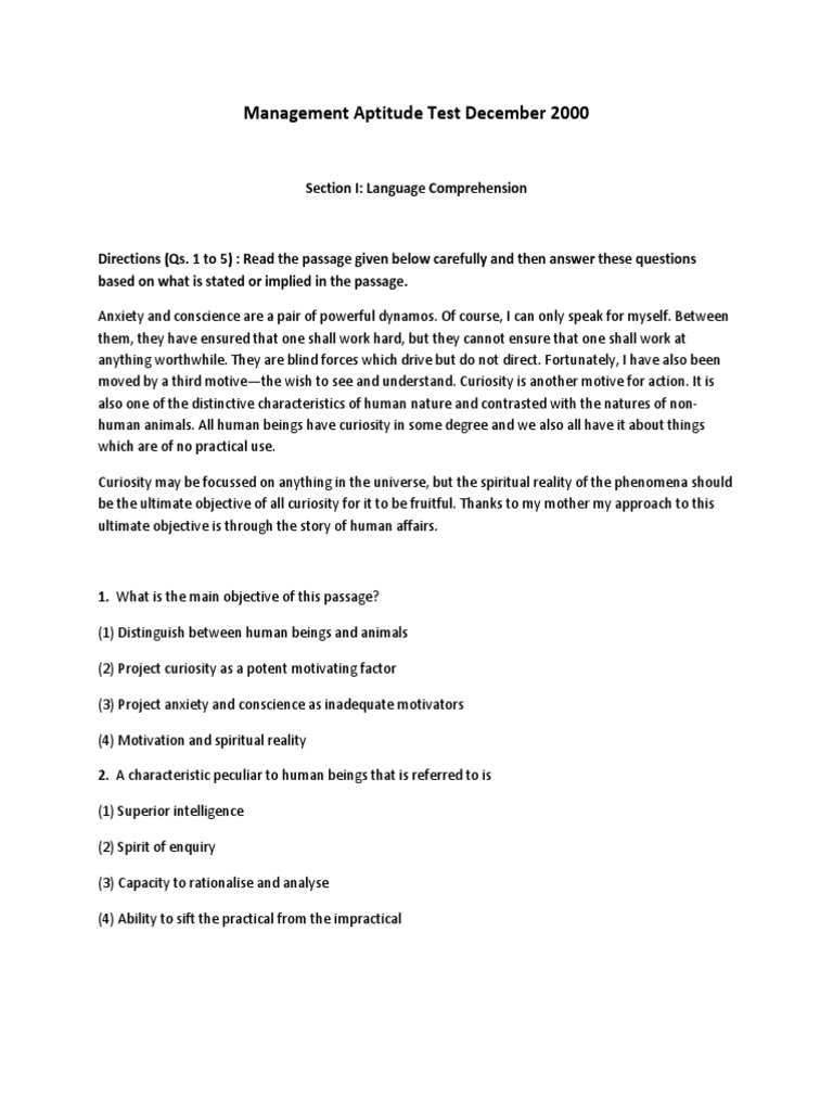 Management Aptitude Test Language Comprehension 2000 | PDF | Curiosity ...