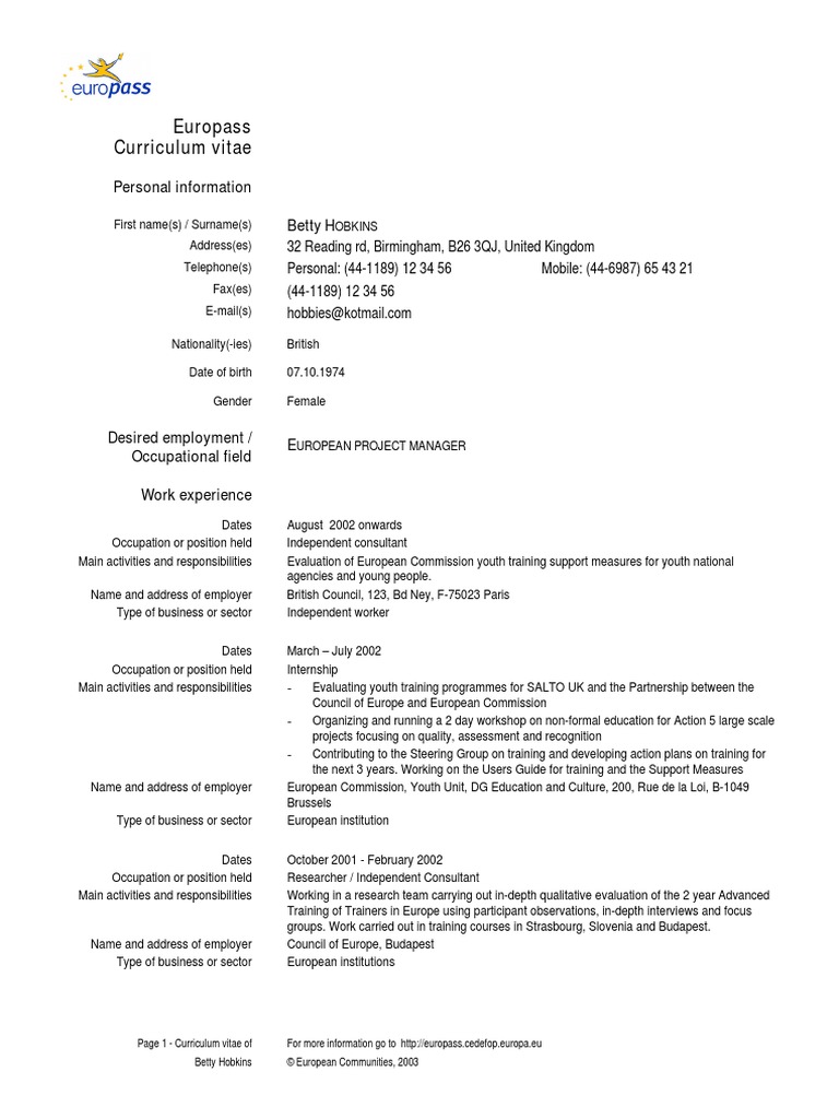 Example of Europass CV | PDF | Communication | Cognition