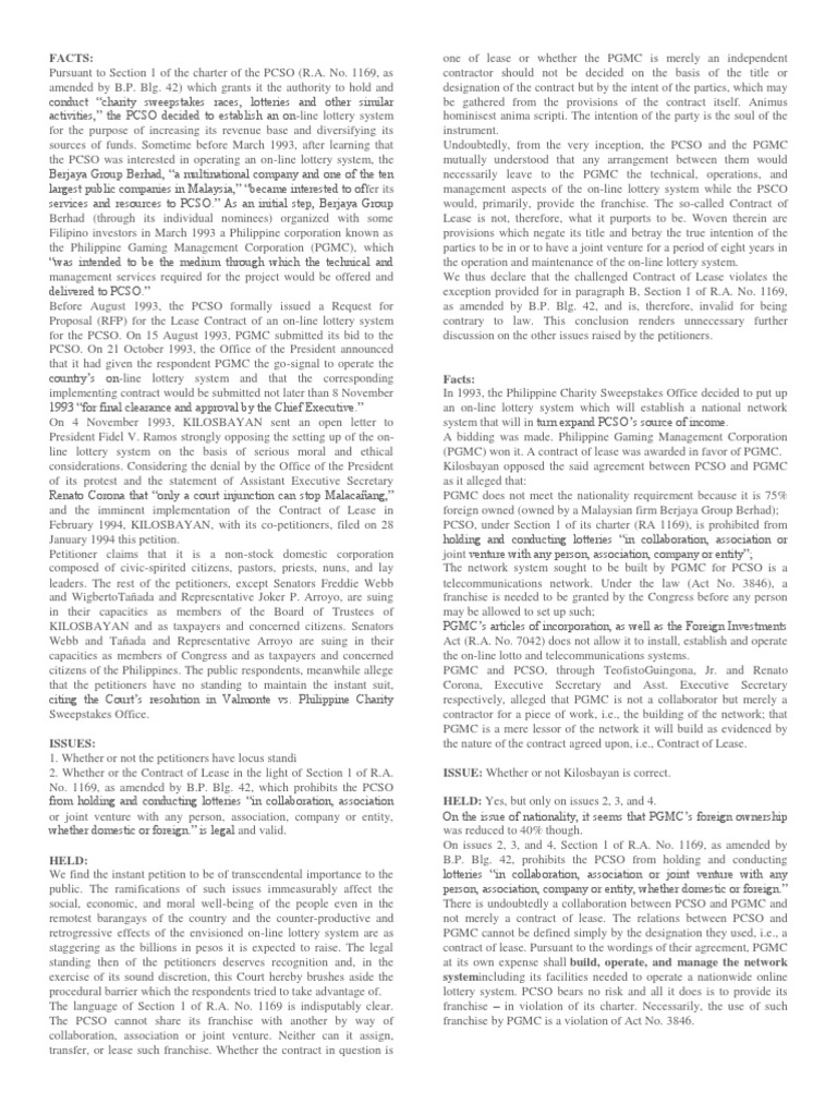 PCSO-PGMC Lottery Contract Invalid | PDF | Standing (Law) | Joint Venture