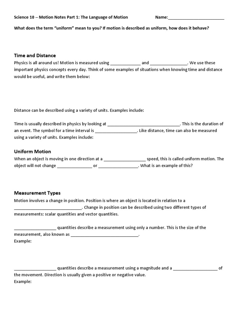 Motion Notes Part 1 - Blanks | PDF | Distance | Quantity