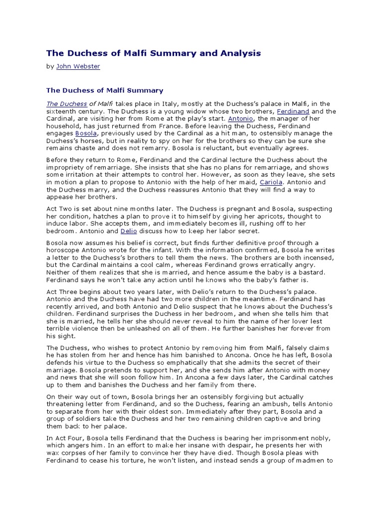 The Duchess of Malfi Summary and Analysis | PDF | Good And Evil ...