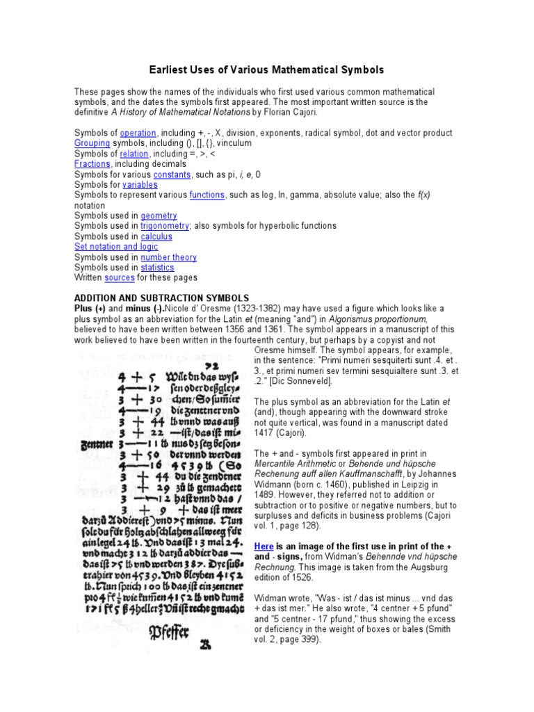 Earliest Uses of Various Mathematical Symbols | PDF | Division ...
