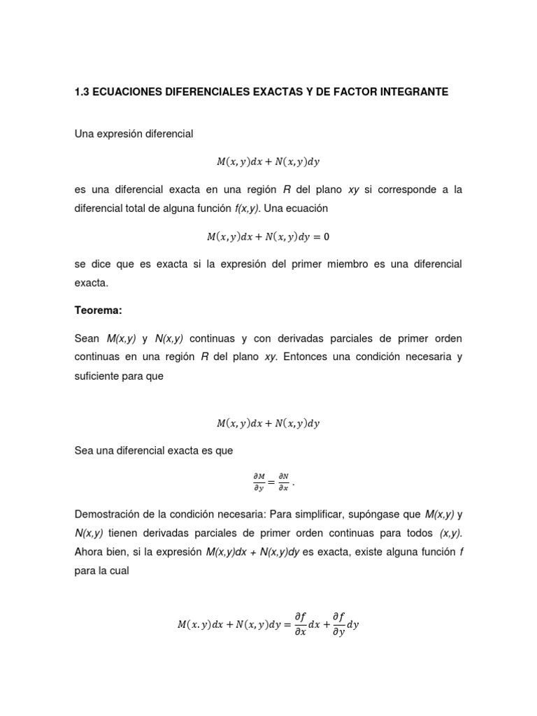 1.3 ED Exactas y Factor Integrante. | PDF | Integral | Ecuaciones