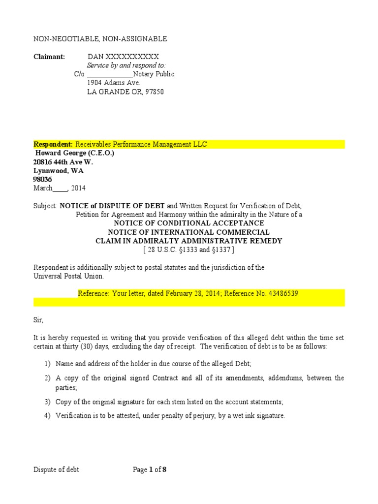 First Presentment Verification of Debt | Collection Agency | Affidavit